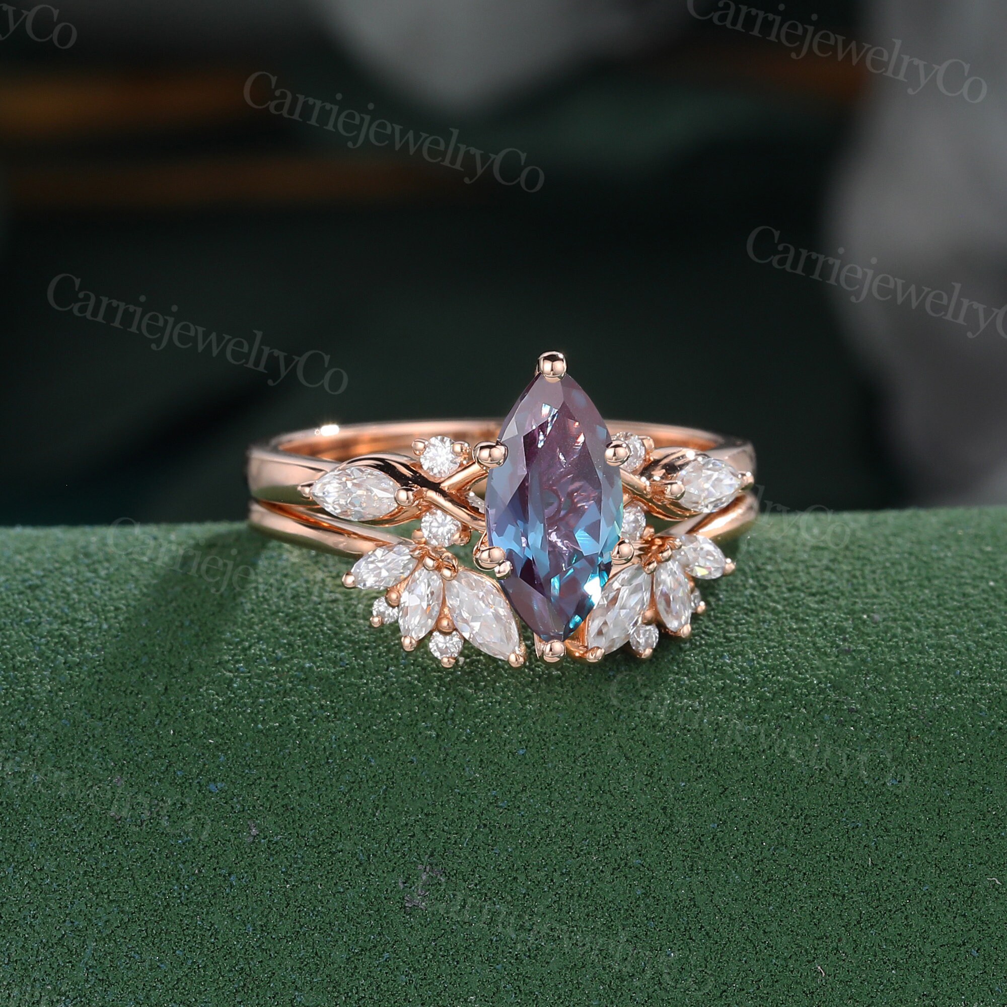 Marquise Cut Alexandrite Engagement Ring Set Vintage Unique Rose Gold ...