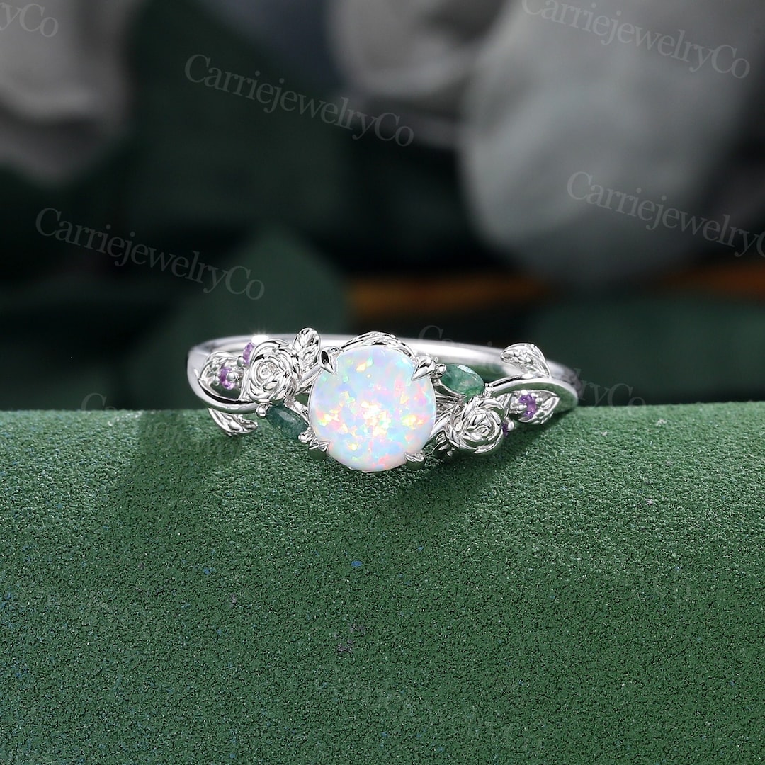 White Opal Engagement Ring Vintage White Gold Cluster Marquise Moss ...