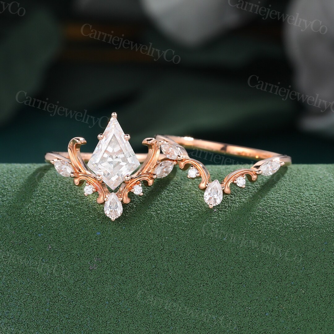 Kite Cut Moissanite Engagement Ring Set Rose Gold Wedding Set Marquise ...