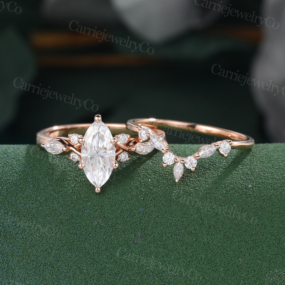 Marquise Cut Moissanite Engagement Ring Set Rose Gold Ring Set Cluster ...