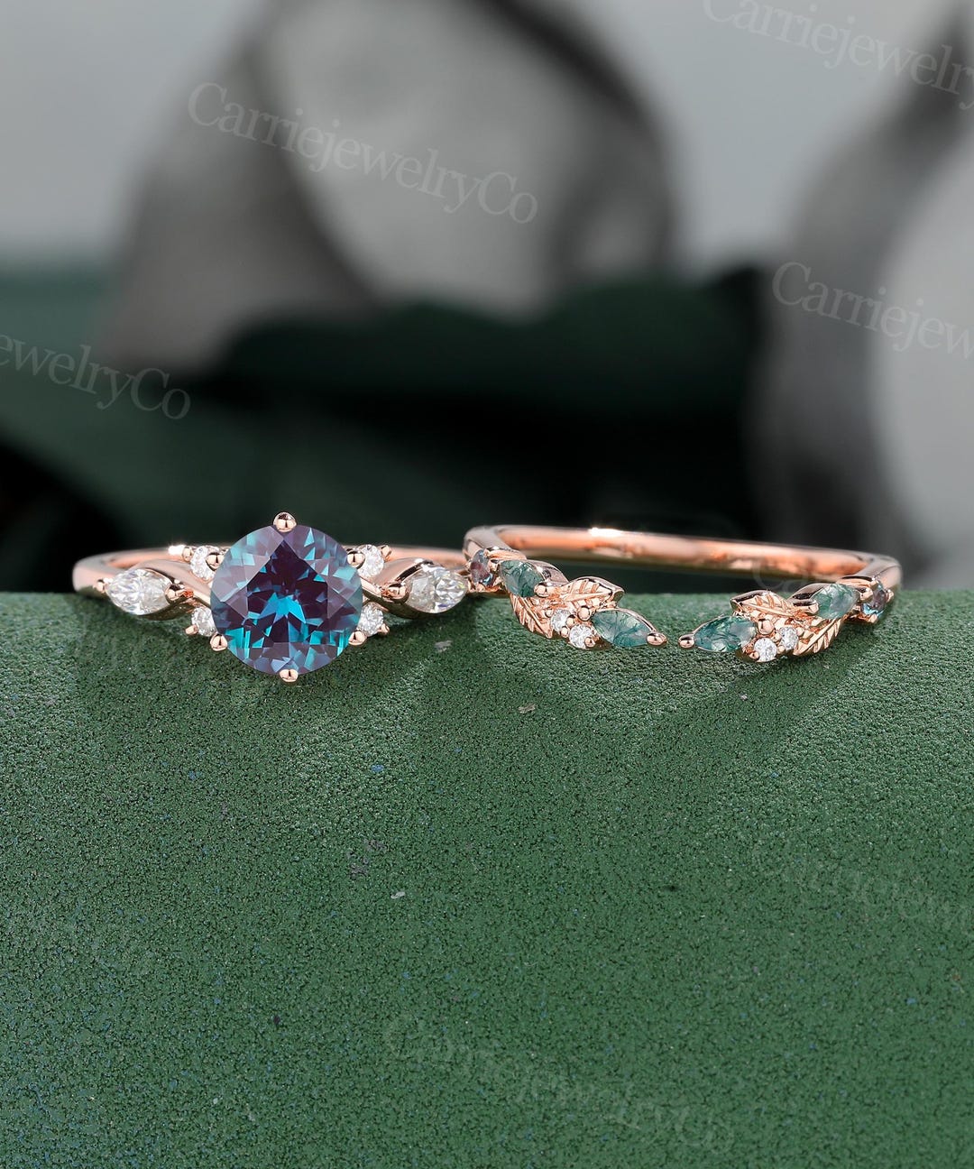 Round Cut Alexandrite Engagement Ring Set Solid Rose Gold Wedding Ring ...