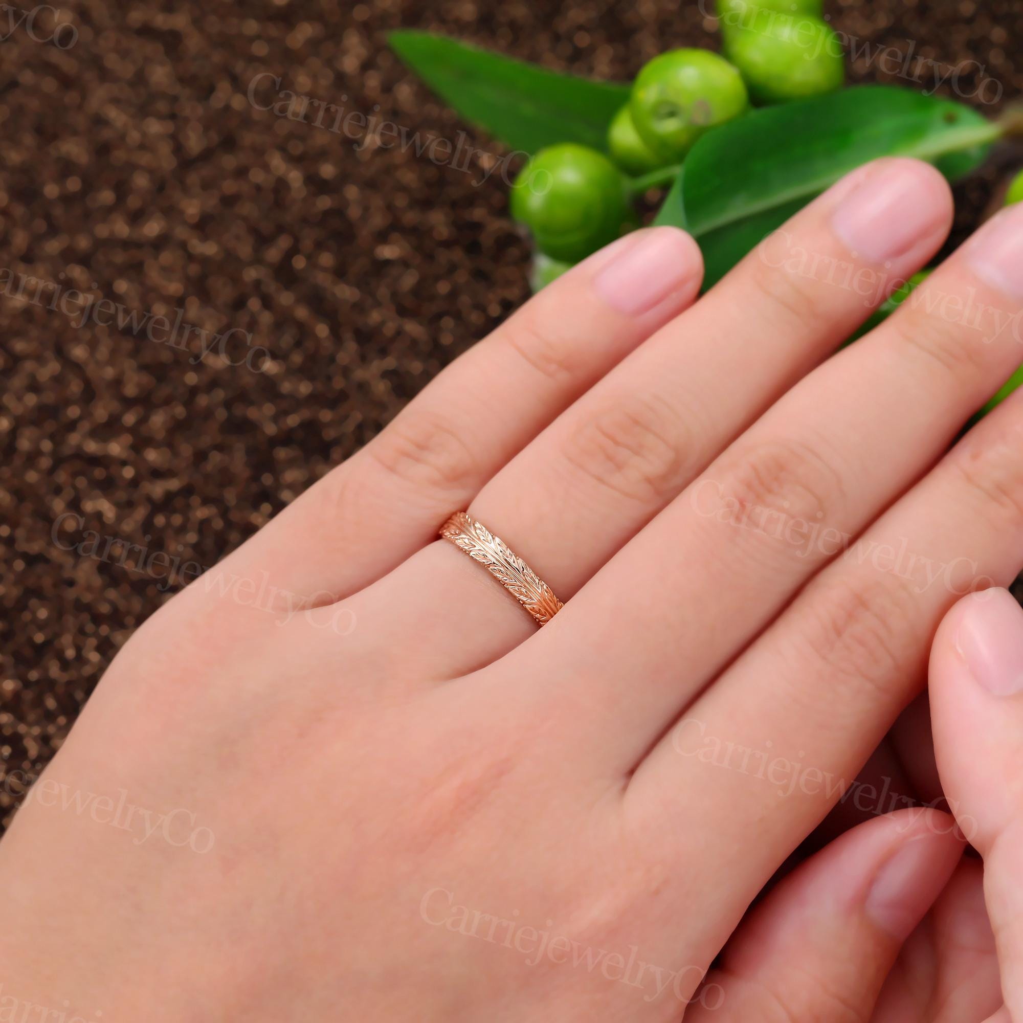 Vintage Rose Gold Wedding Band Unique Plain Band Leaf Ring Milgrain ...