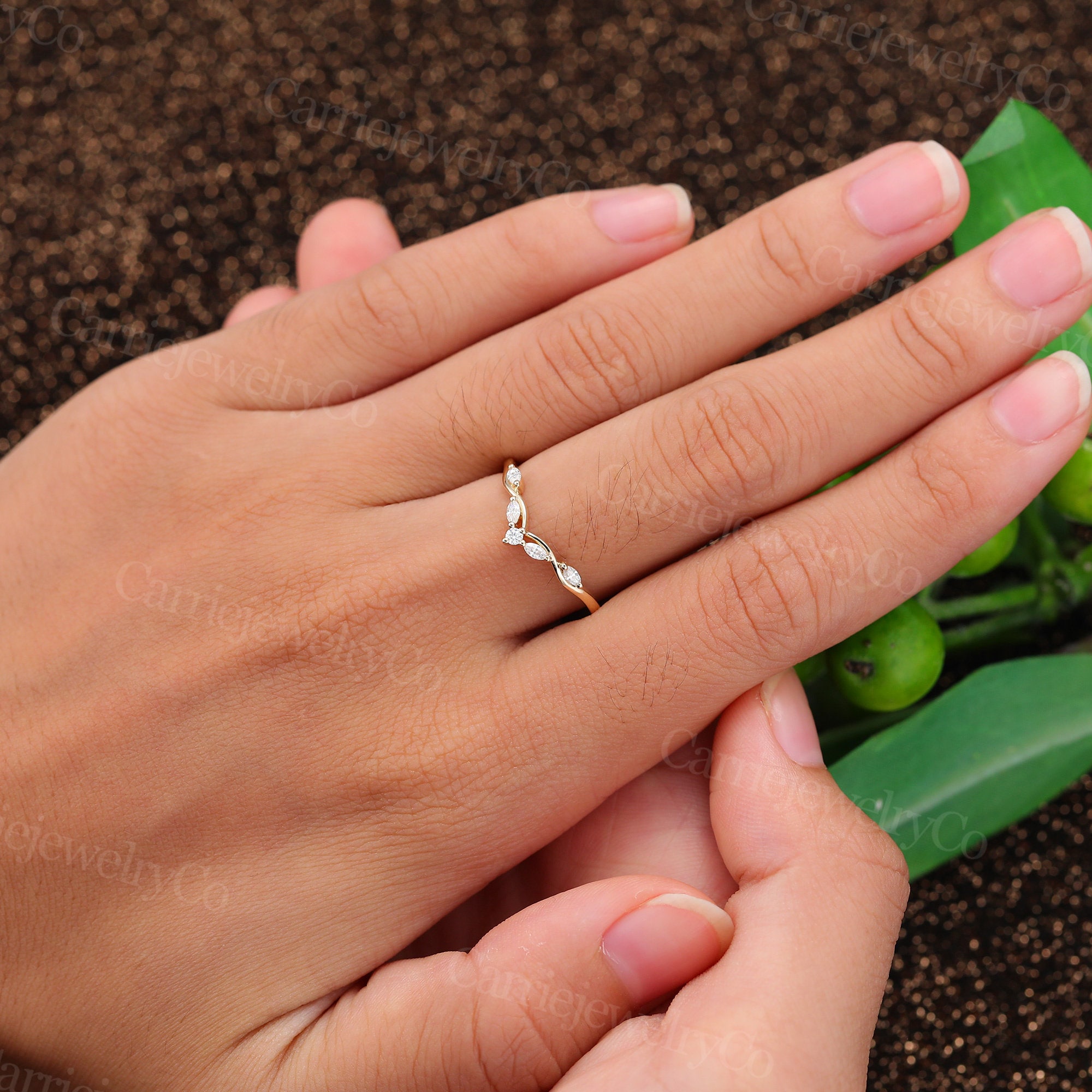 Marquise Lab Grown Diamond Yellow Gold Curved Wedding Band Unique ...