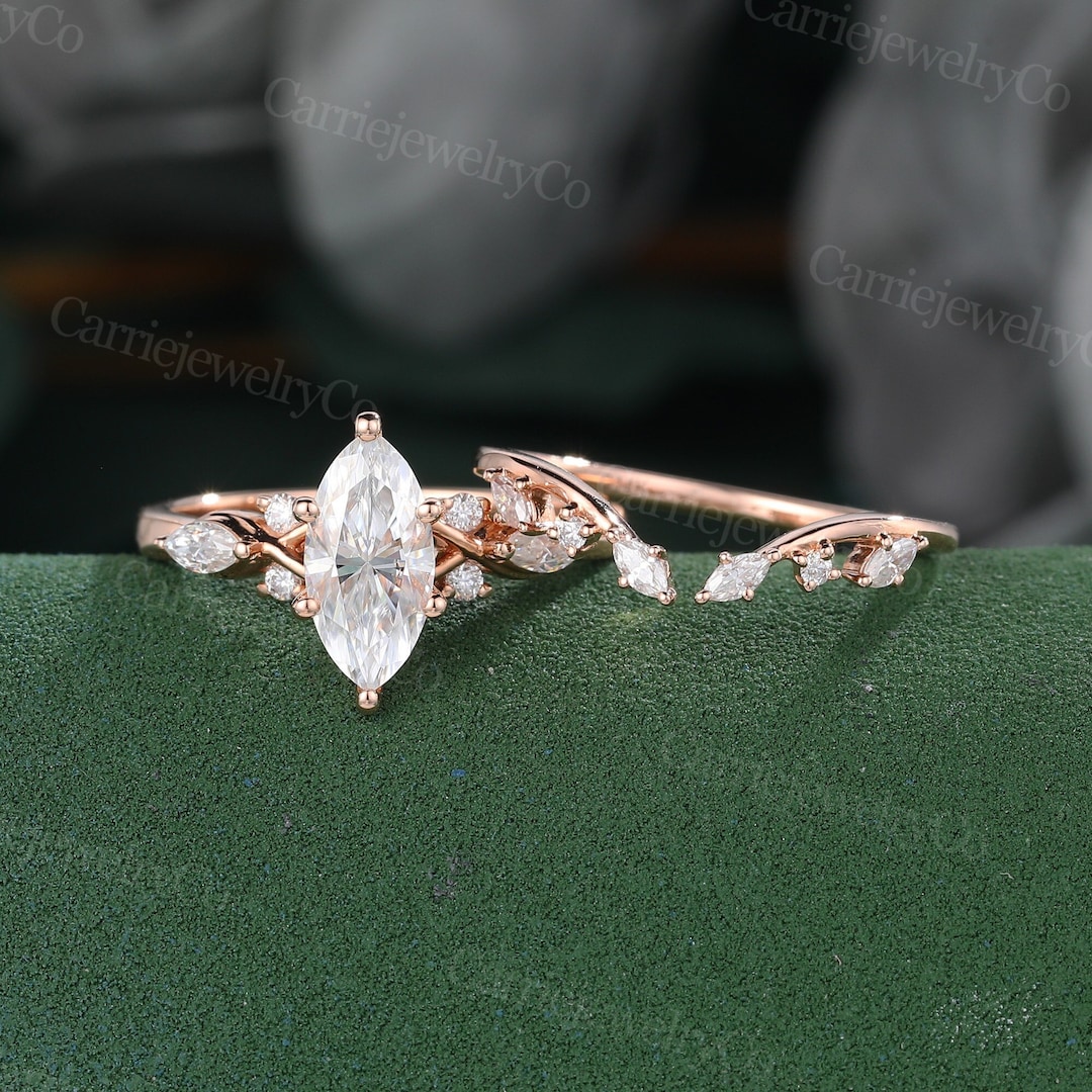 Marquise Cut Moissanite Engagement Ring Set Vintage Rose Gold Marquise ...