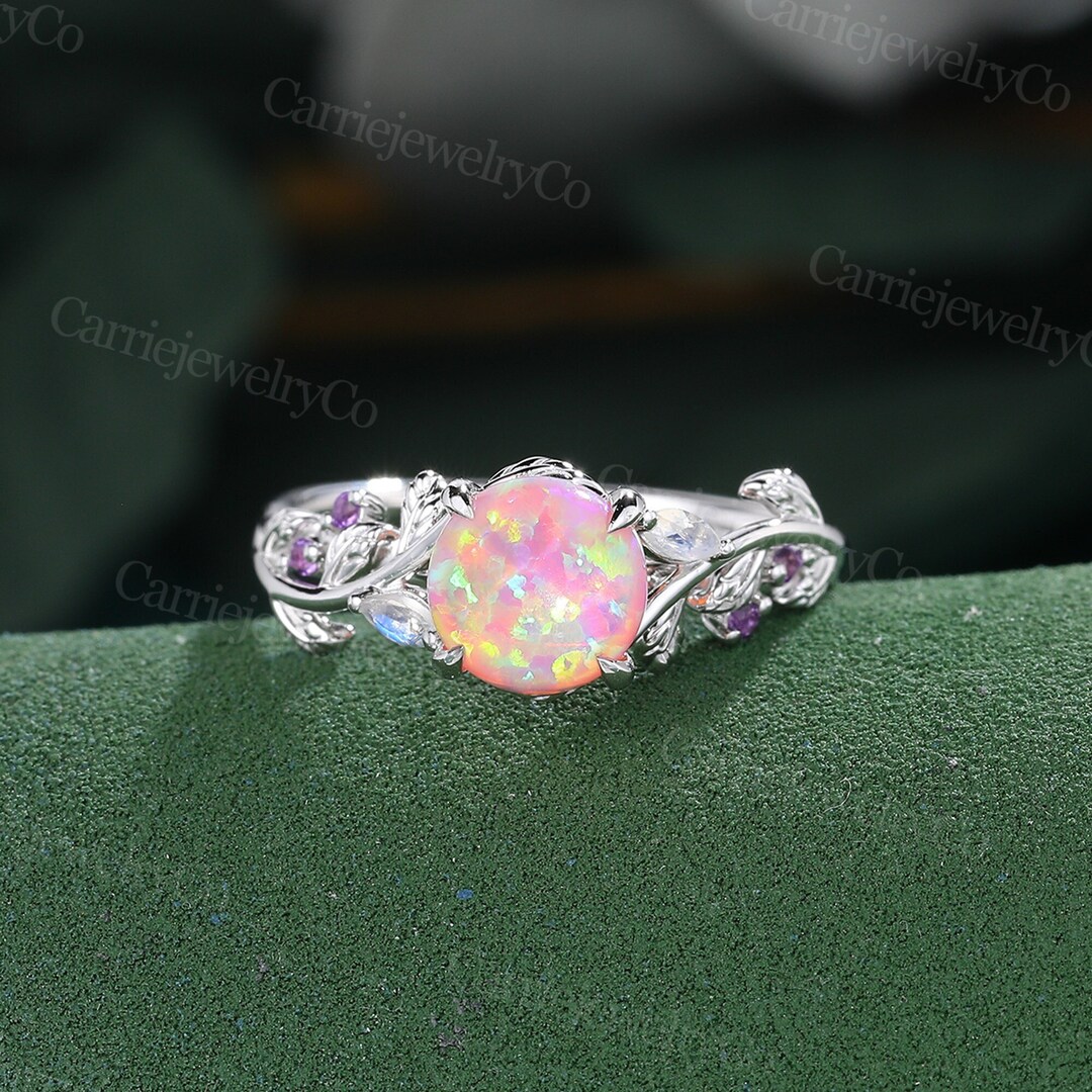 Round Cut Pink Opal Engagement Ring Vintage White Gold Cluster Round ...