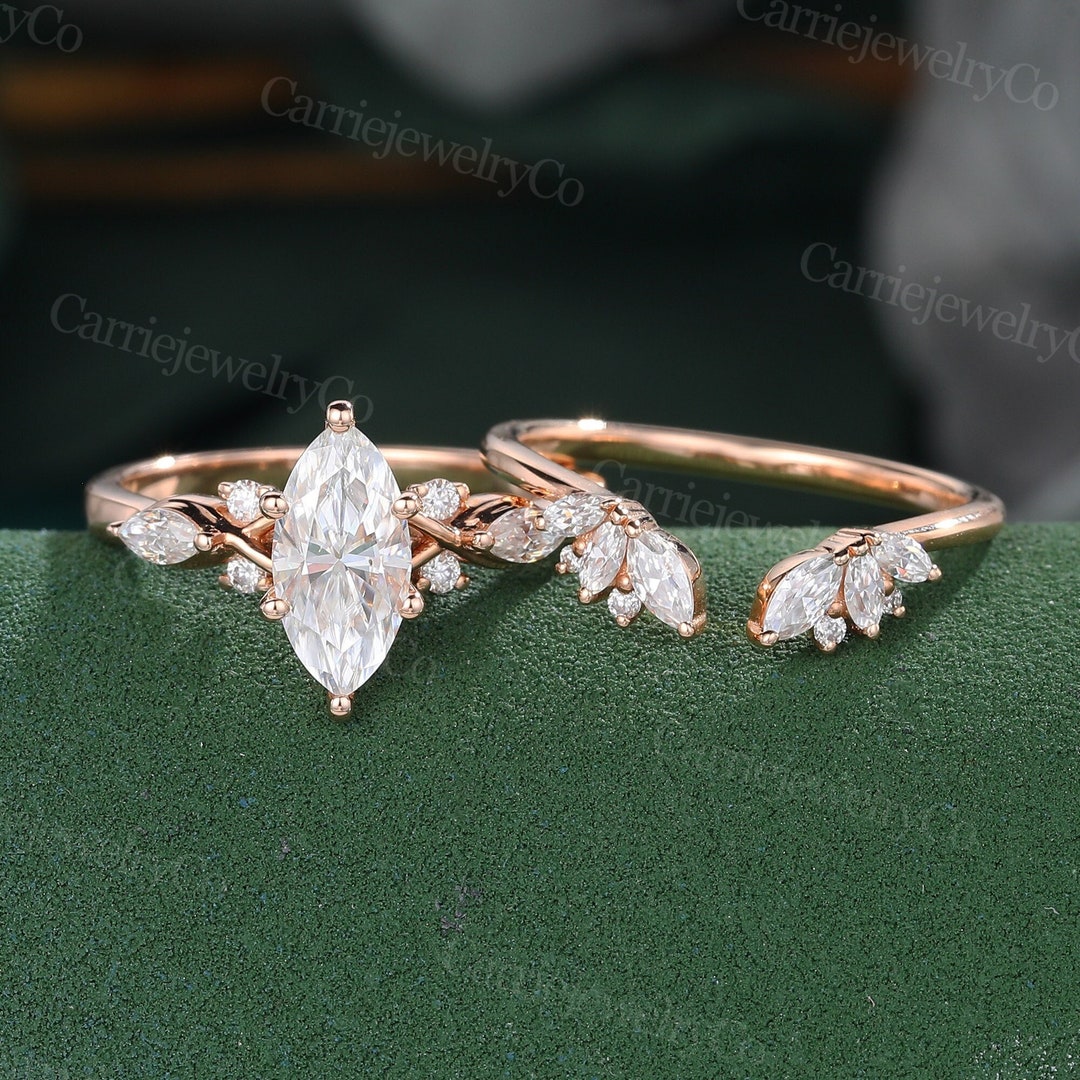 Marquise Cut Moissanite Engagement Ring Set Vintage Rose Gold Marquise ...