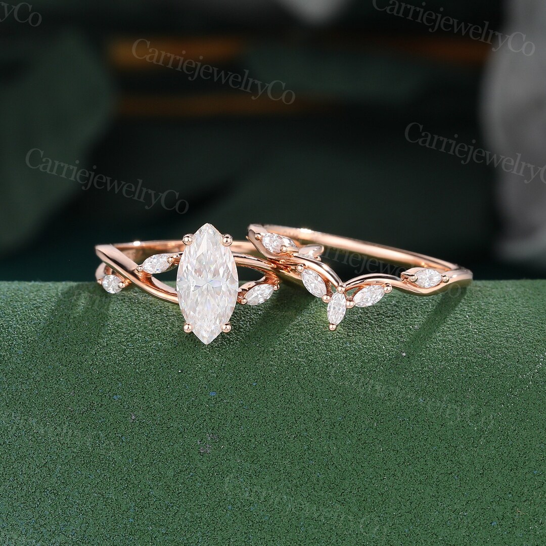 Marquise Cut Moissanite Engagement Ring Set Vintage Rose Gold Marquise ...
