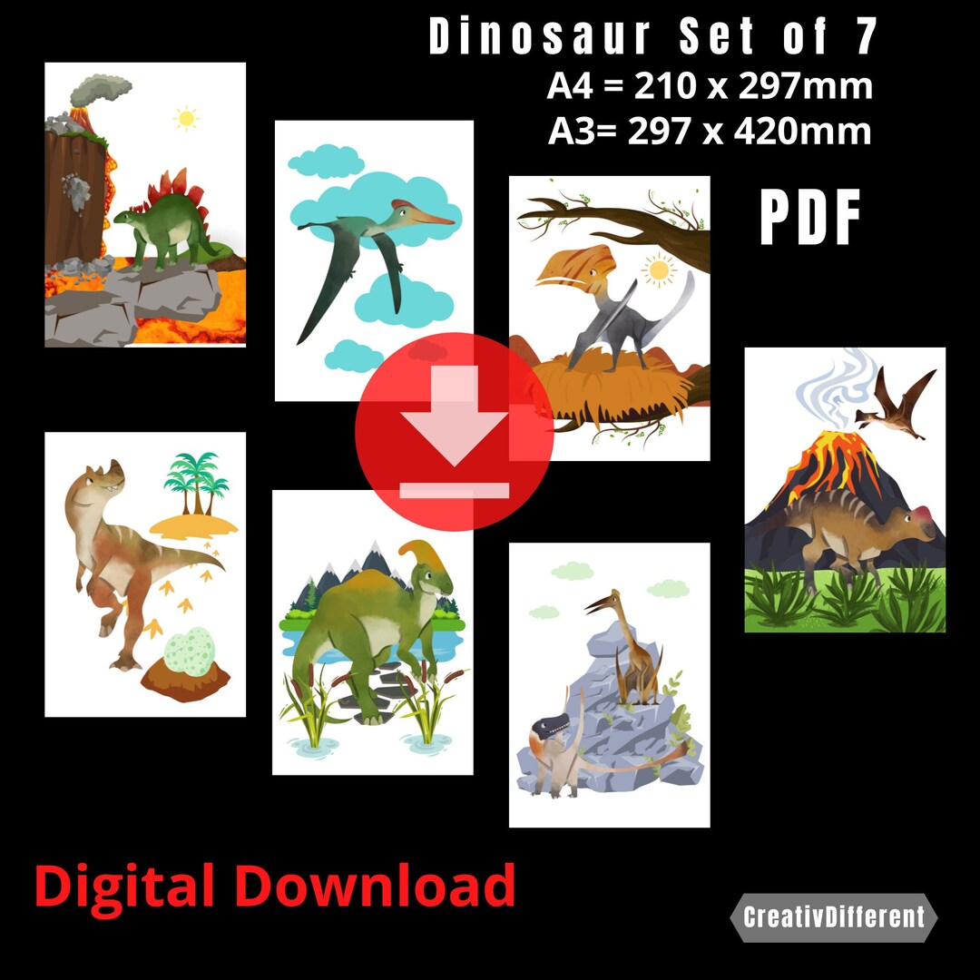 Dinosaur Art Print ,set of Seven,printable Dinosaur Poster,playroom ...