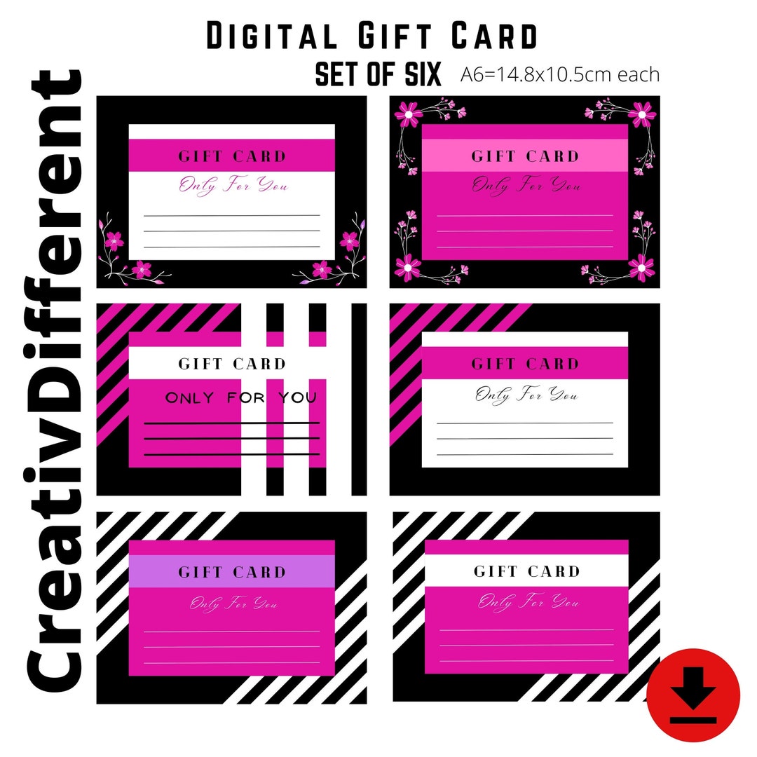 Personal GIFT CARD SET of Six Printable , Unique, a Special Day Gift ...