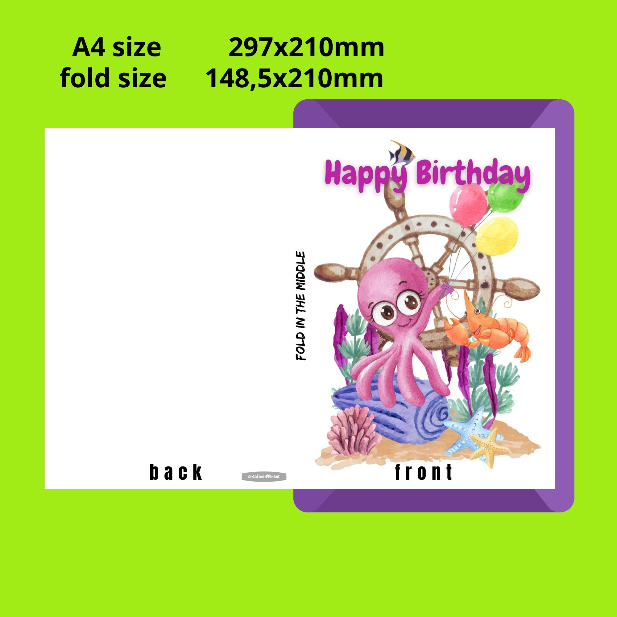 Cute HAPPY BIRTHDAY Card OCTOPUS, Unique, Sea Animals,printable ...