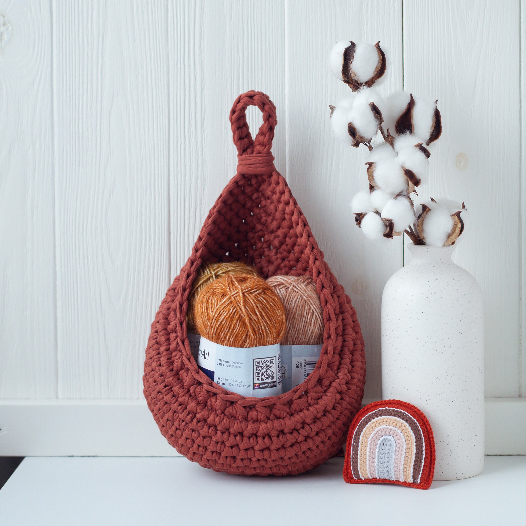 Drop Basket Crochet Pattern, T-shirt Yarn Hanging Basket Instruction ...