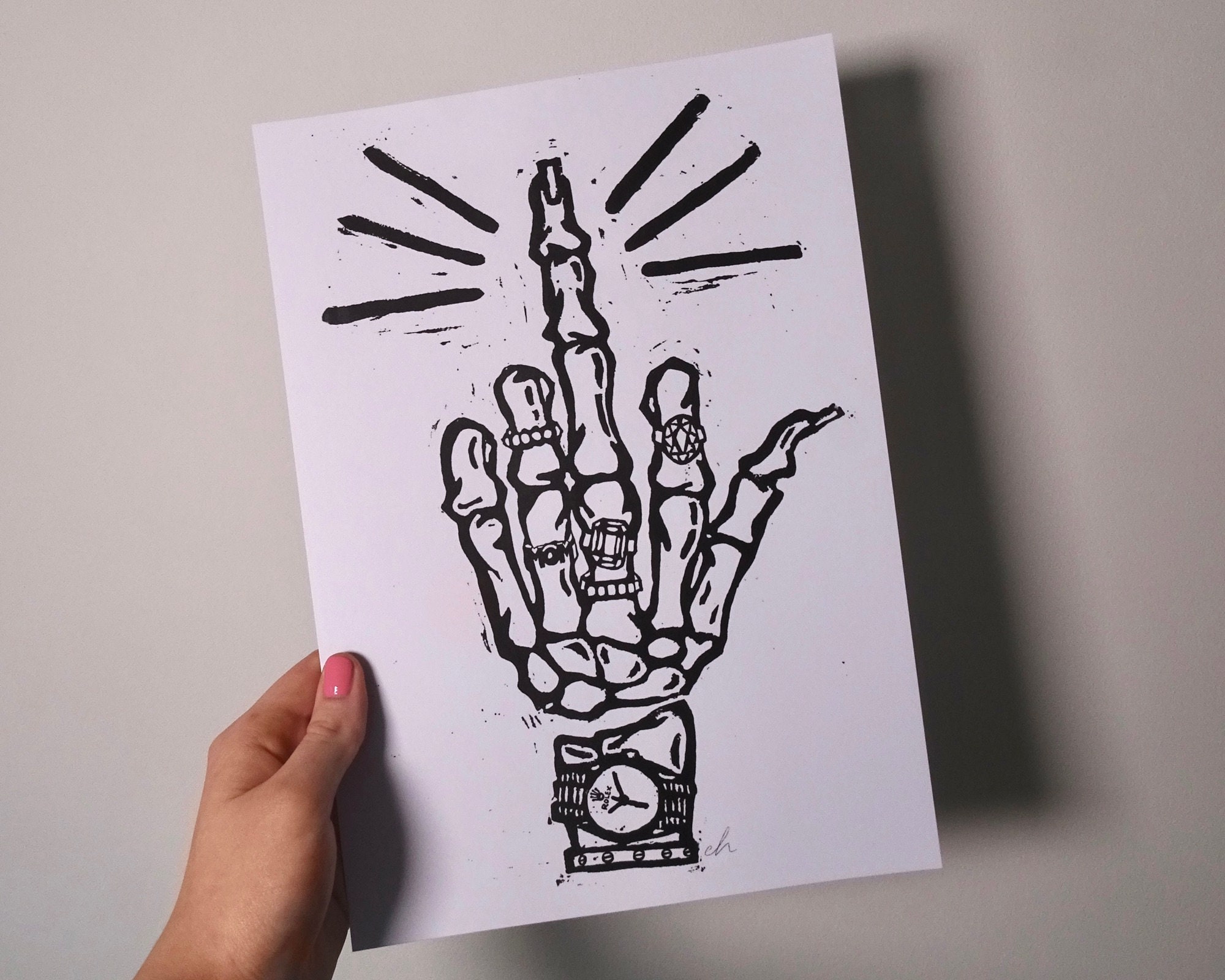 Lino Print, Skeleton Middle Finger - Skeleton Print, Funny, Home Decor ...