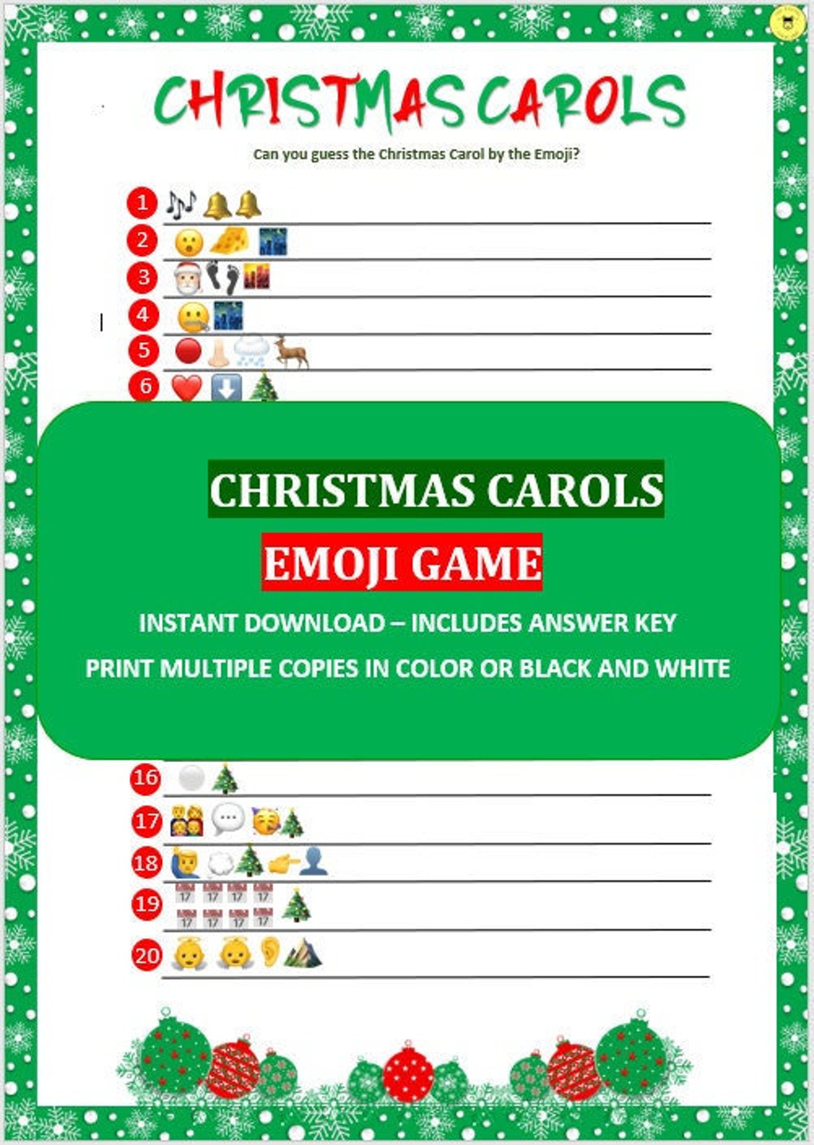 Christmas Carols Emoji Game: Printable Quiz (instant Download) - Etsy