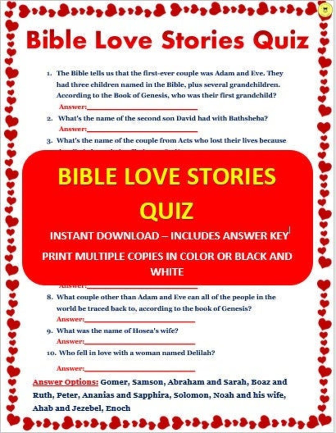 Bible Love Stories Quiz Valentine's Church Small Group Activity Game ...