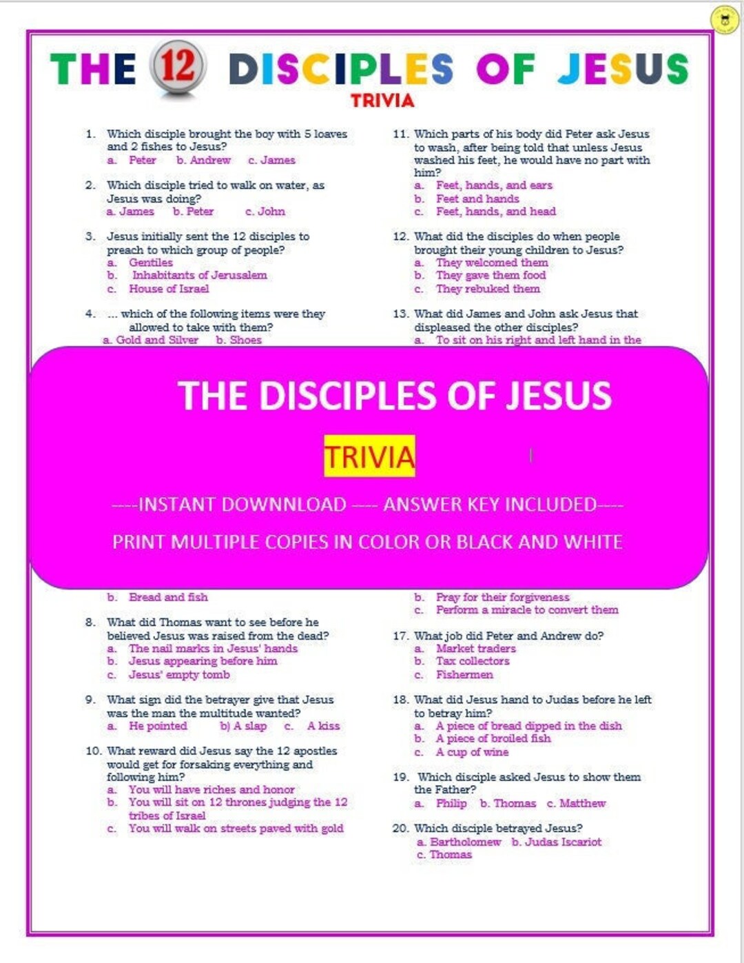 Disciples of Jesus Trivia Game: Church Bible Study (PDF) - Etsy