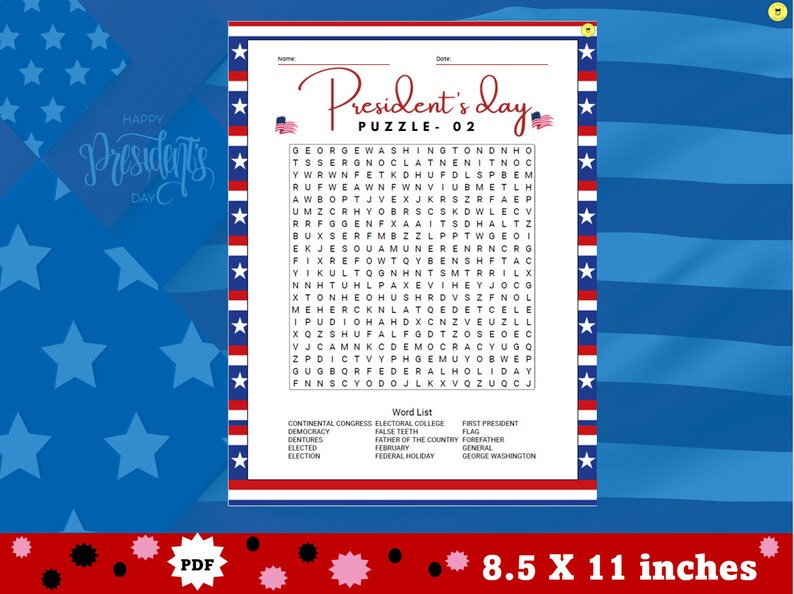 President's Day Word Search Puzzle: 5 Printable Games (PDF File) - Etsy
