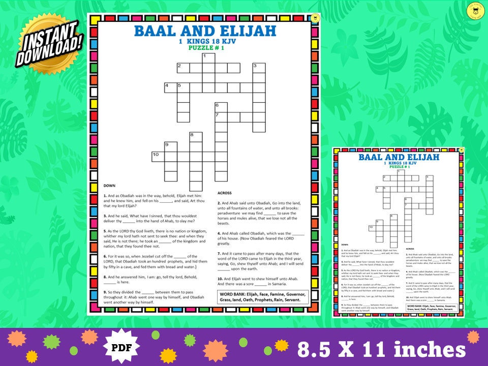 Baal and Elijah Bible Crossword Puzzle: Church Activity (instant ...
