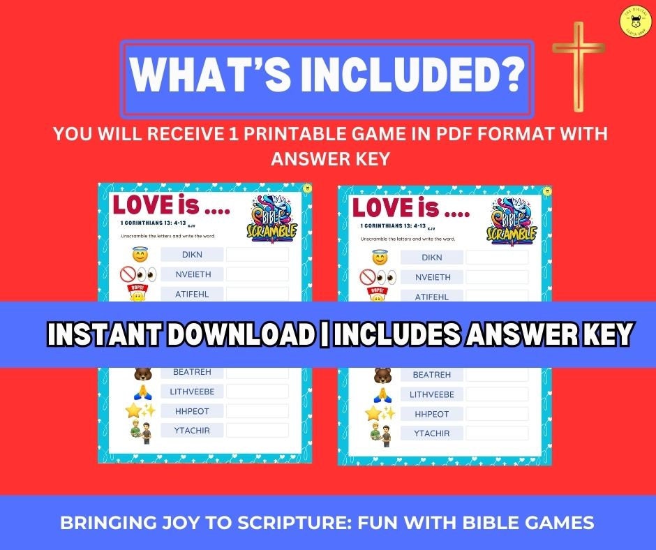 Bible Word Scramble Love is 1 Corinthians 13:4-13 Game Printable Bible ...
