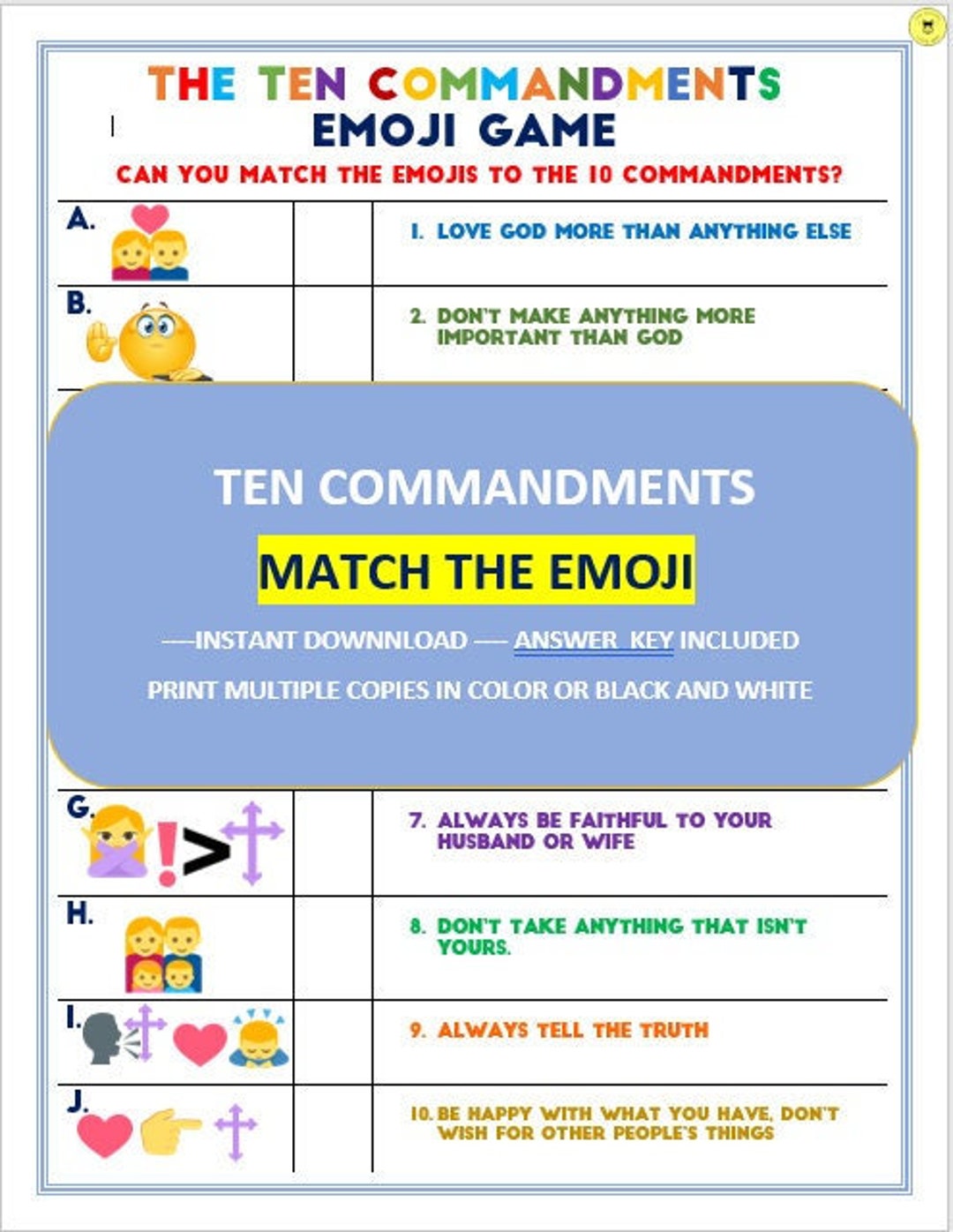 Bible Ten Commandments Emoji Matching Game Printable| 10 Commandments ...