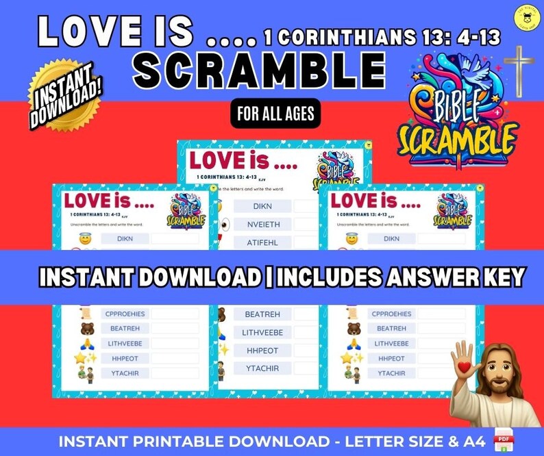 Bible Word Scramble Love is 1 Corinthians 13:4-13 Game Printable Bible ...