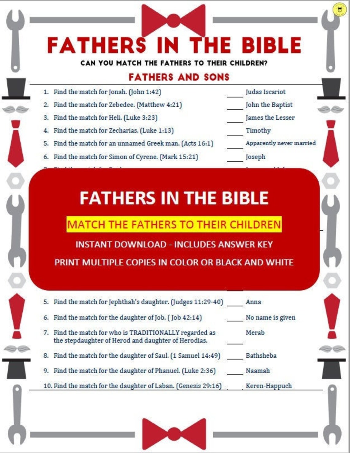 Bible Fathers Trivia Game: Match the Children Quiz (PDF) - Etsy