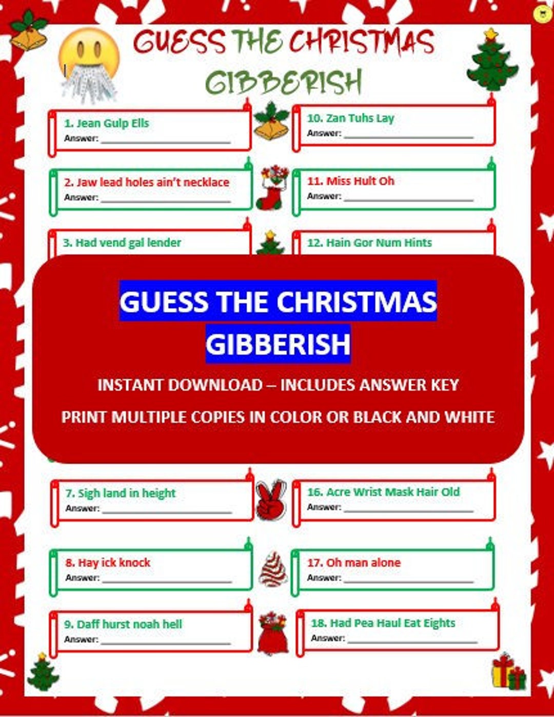 Guess the Christmas Gibberish Game 18 Questions Printable Family or ...