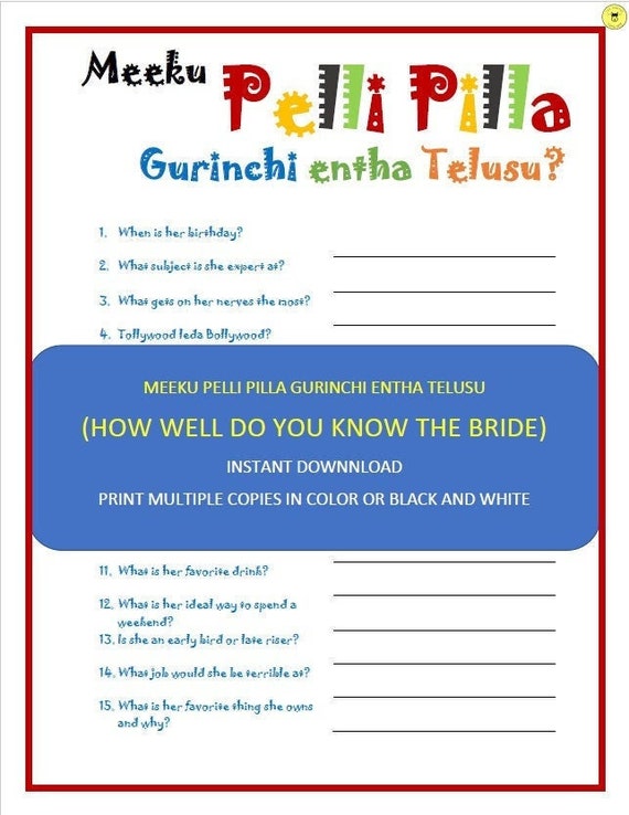 How well do you know the Bride Instant Download| Pelli Pilla Gurinchi ...