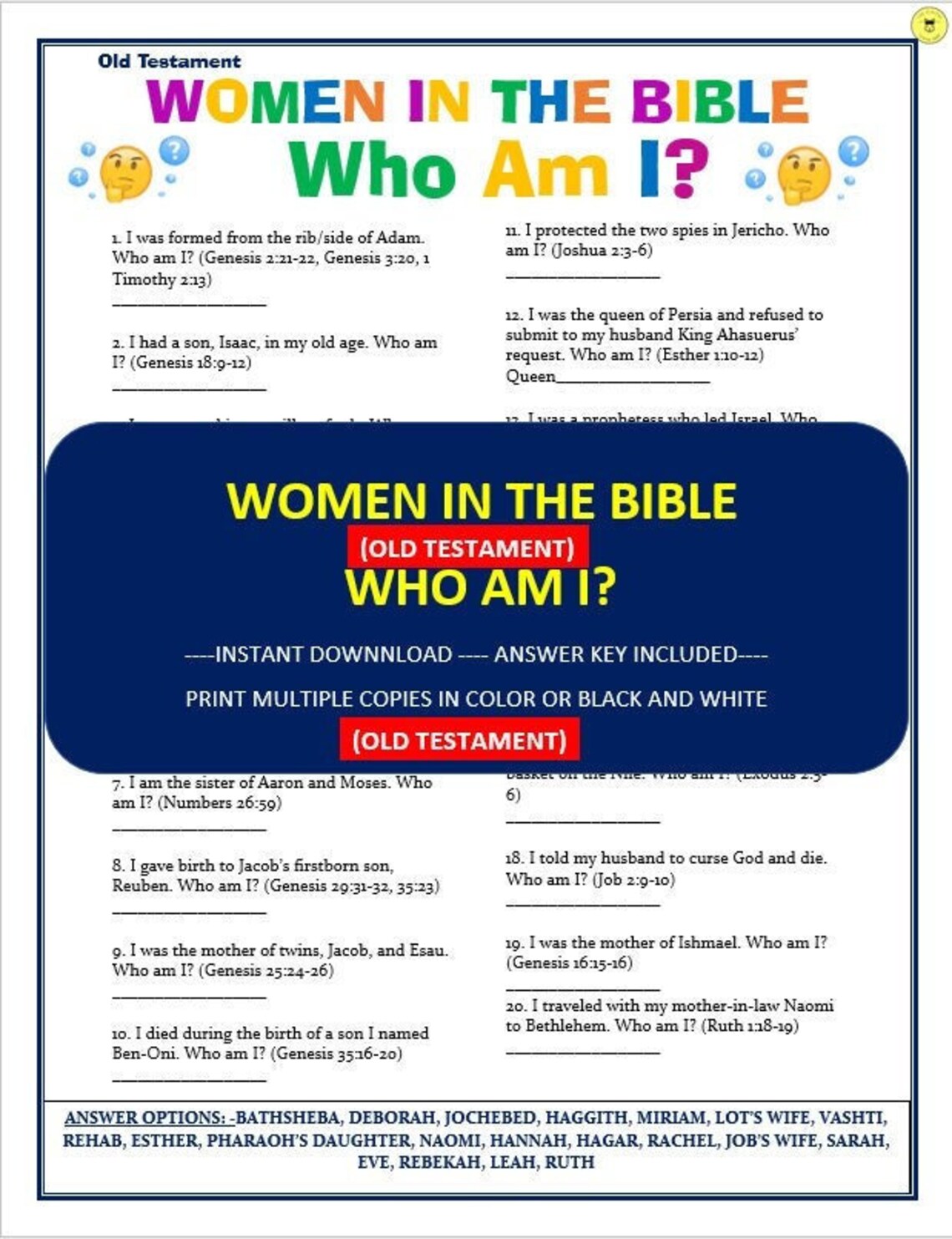 Women in the Bible Game Printable Women of the Bible Old Testament Quiz ...
