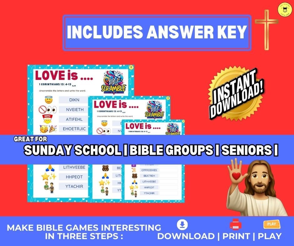 Bible Word Scramble Love is 1 Corinthians 13:4-13 Game Printable Bible ...