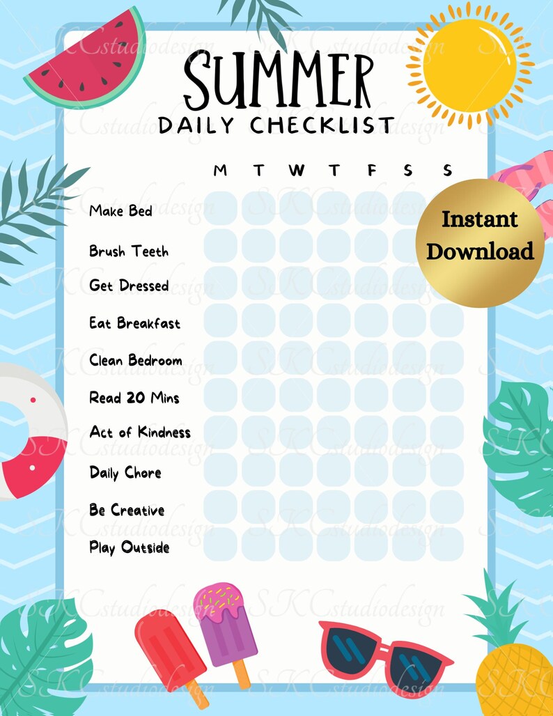 Summer Daily Checklist Printable Summer Task List Digital - Etsy
