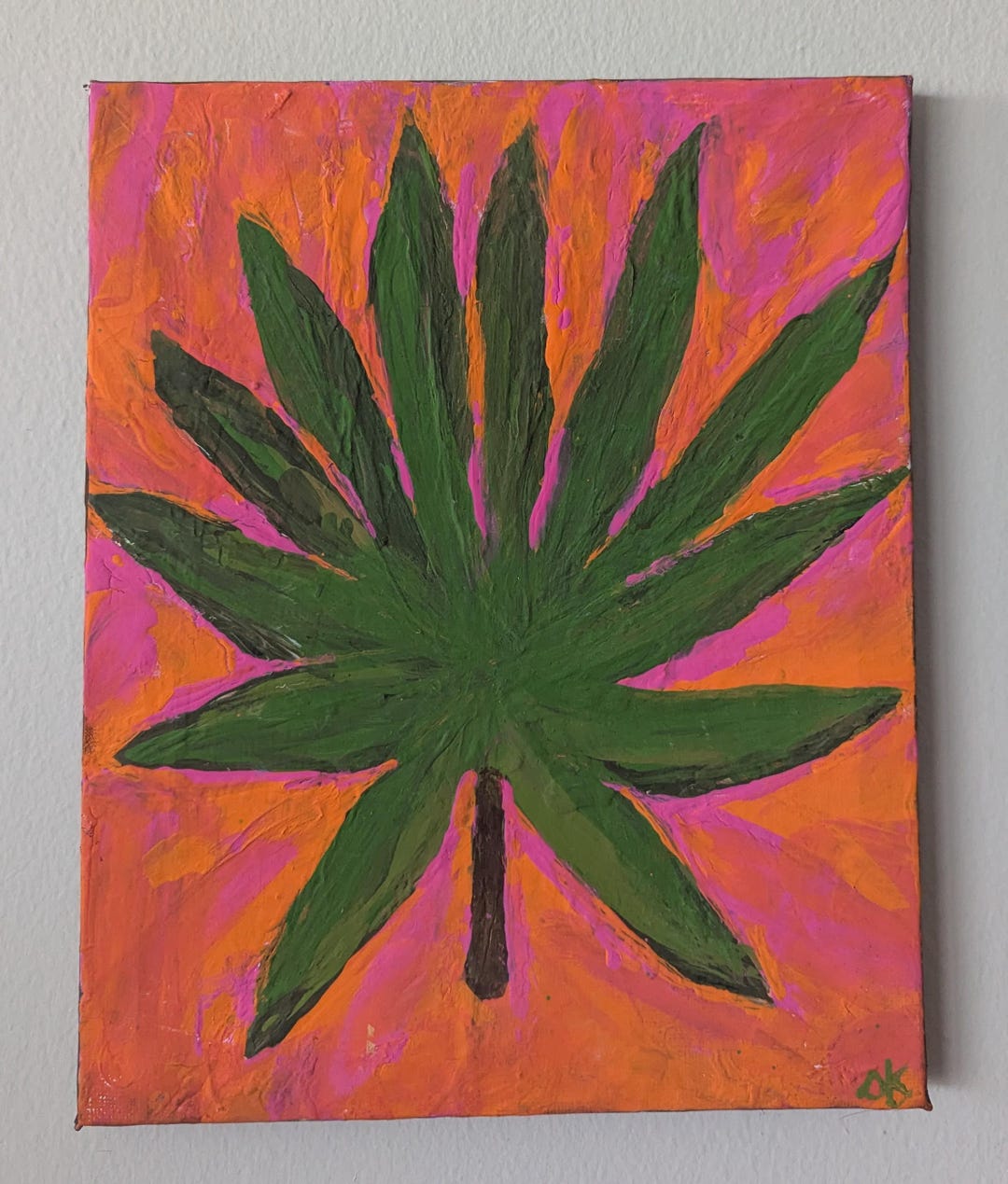 Hand Painted Acrylic Painting – Psychedelic Leaf With Pink and Orange ...