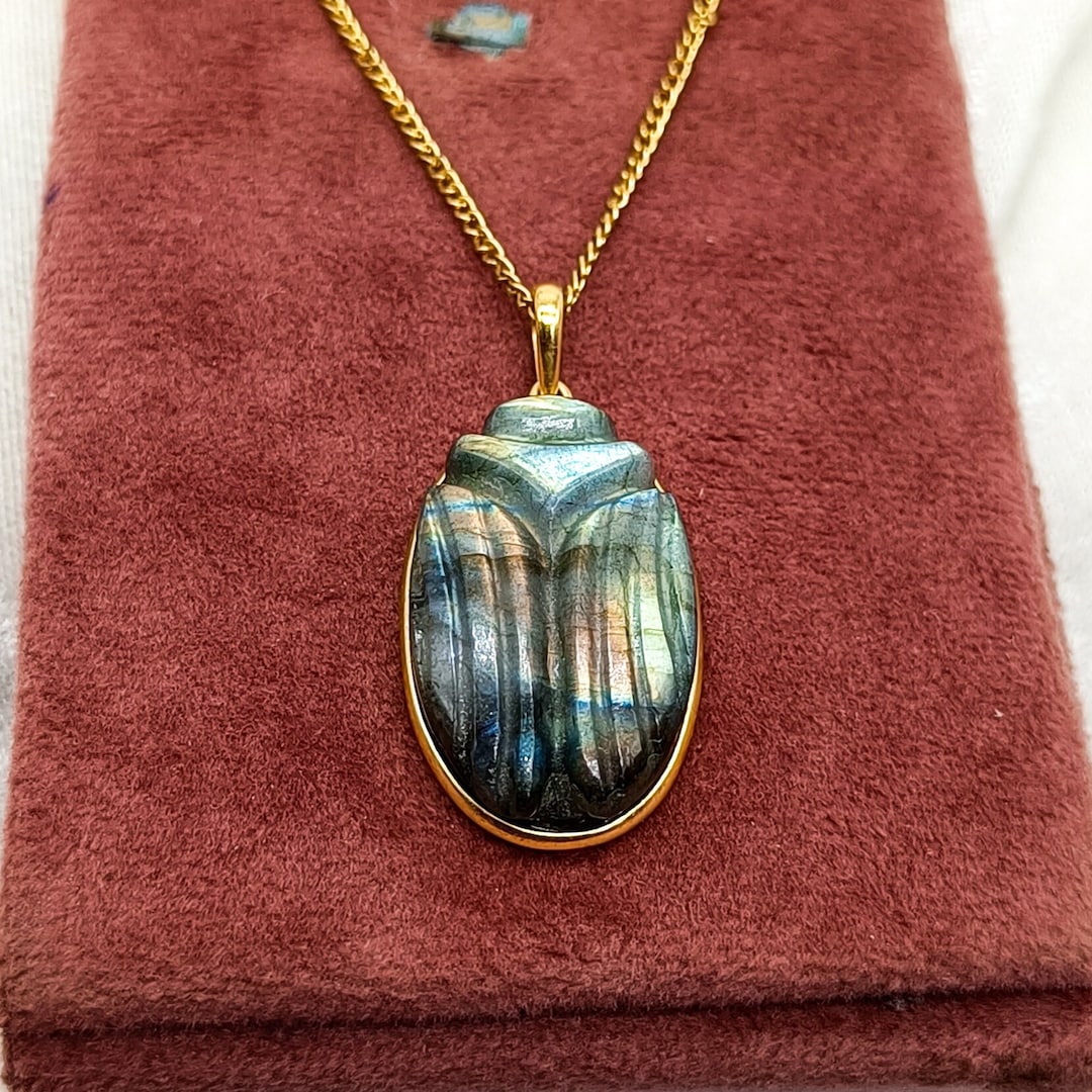 14K Gold Labradorite Gemstone Scarab Pendant, Natural Hand Carved ...