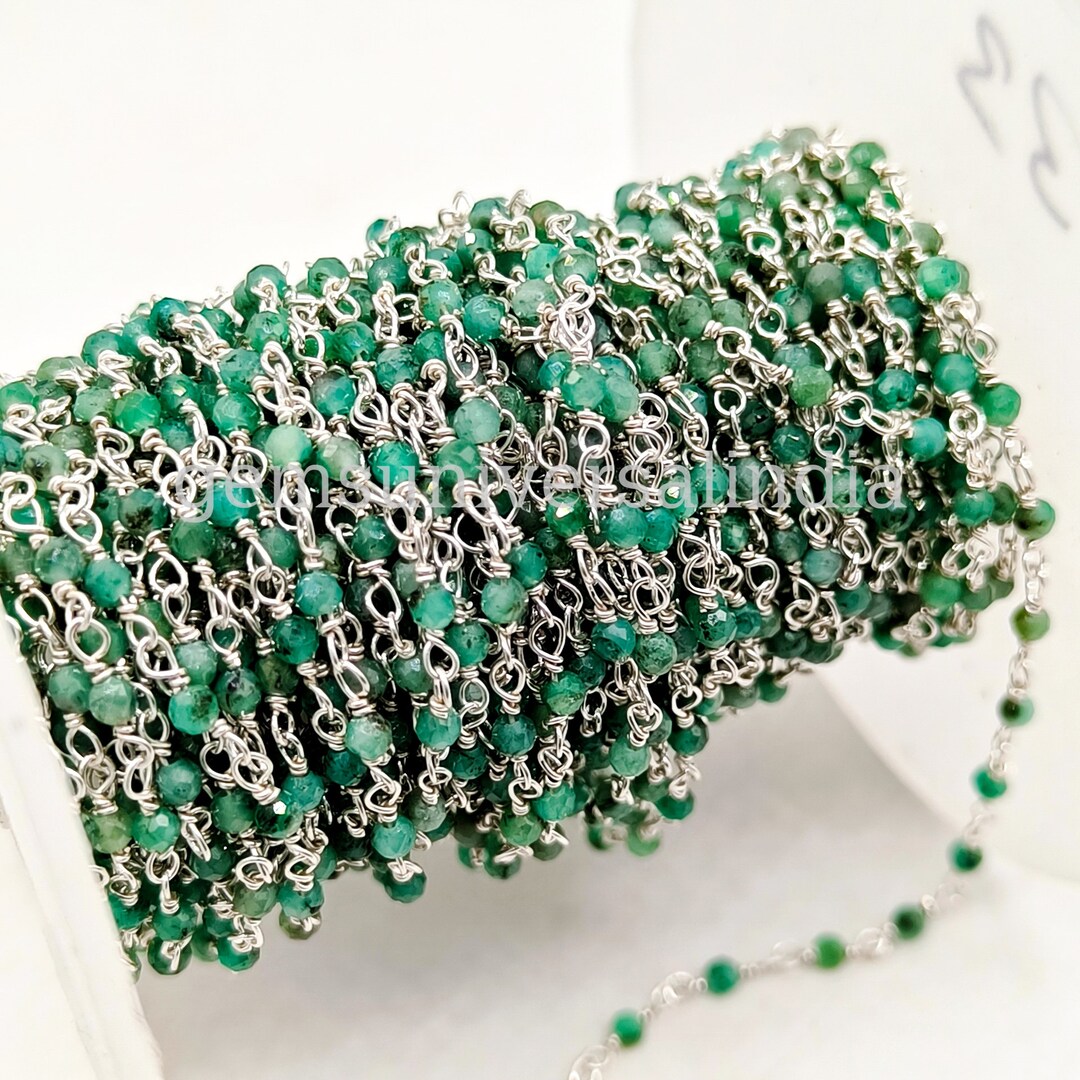 Solid Silver Emerald Rosary Chain, Wire Wrapped Natural Emerald ...