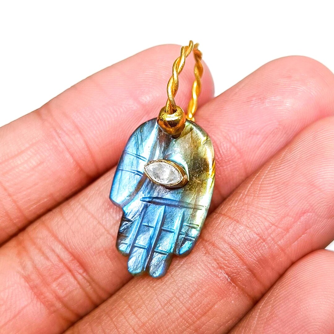 Flashy Labradorite Gemstone Hamsa Hand Pendant - Gold Vermeil Hand ...