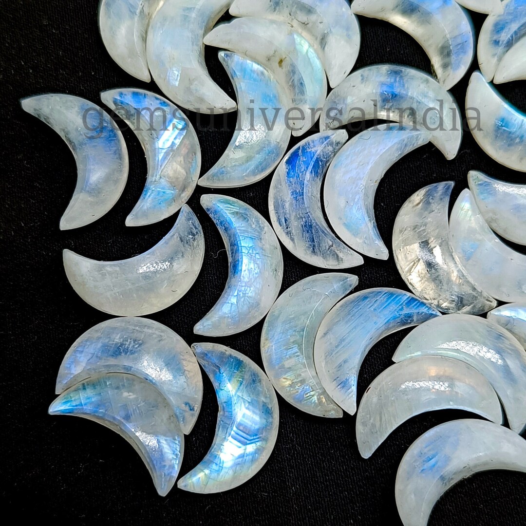 Flashy Blue Rainbow Moonstone Moon Shape Gemstone, Smooth Hand Carved ...