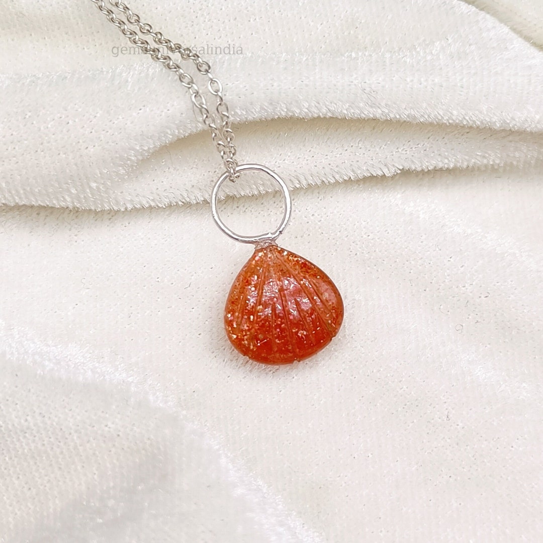 Sunstone Carved Shell Silver Necklace, AAA Sunstone Carving Bead ...