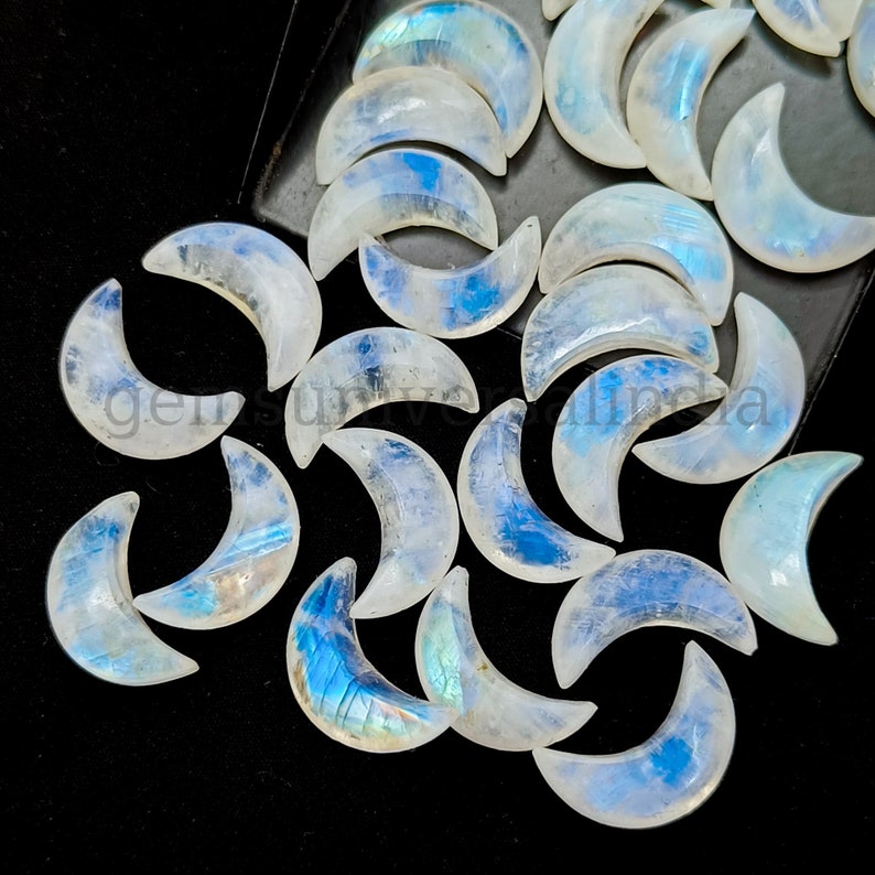 Flashy Blue Rainbow Moonstone Moon Shape Gemstone, Smooth Hand Carved ...