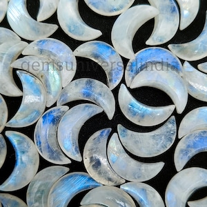 Flashy Blue Rainbow Moonstone Moon Shape Gemstone, Smooth Hand Carved ...