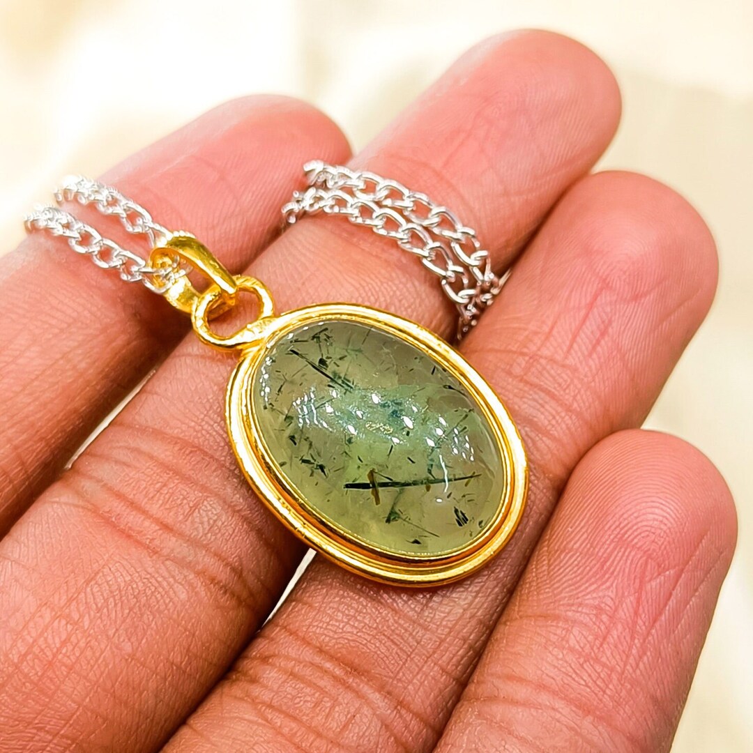 Natural Prehnite Pendant, 14K Solid Gold Prehnite Pendant, Solid Gold ...