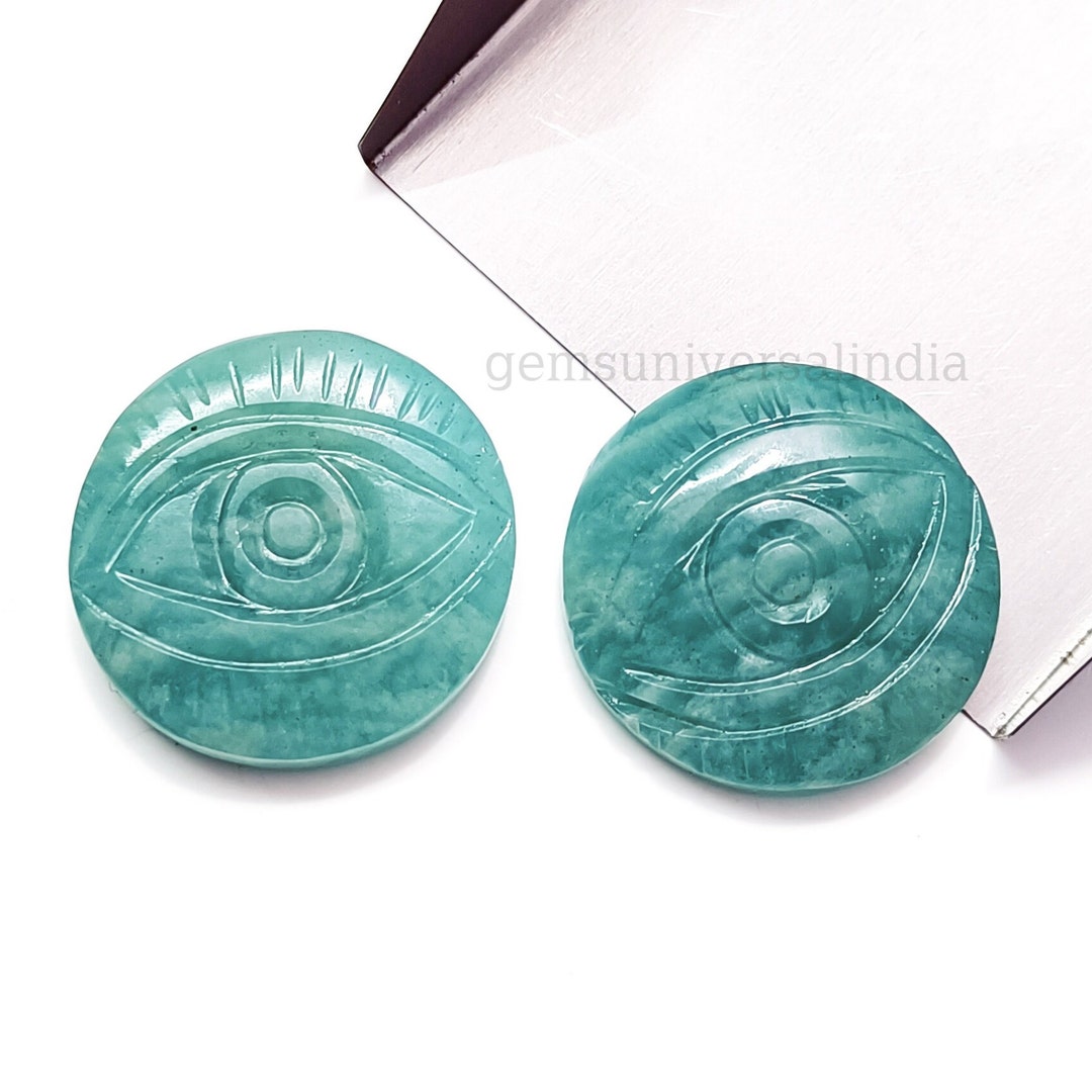 Natural Amazonite Carved Evil Eye Gemstone, Round Loose Hand Carved ...
