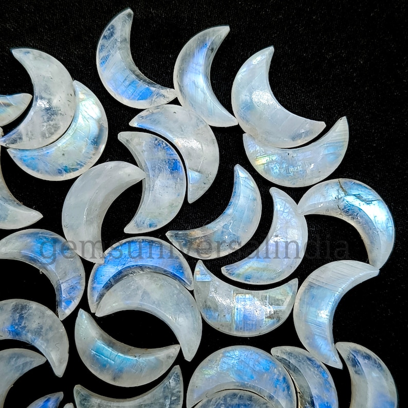 Flashy Blue Rainbow Moonstone Moon Shape Gemstone, Smooth Hand Carved ...