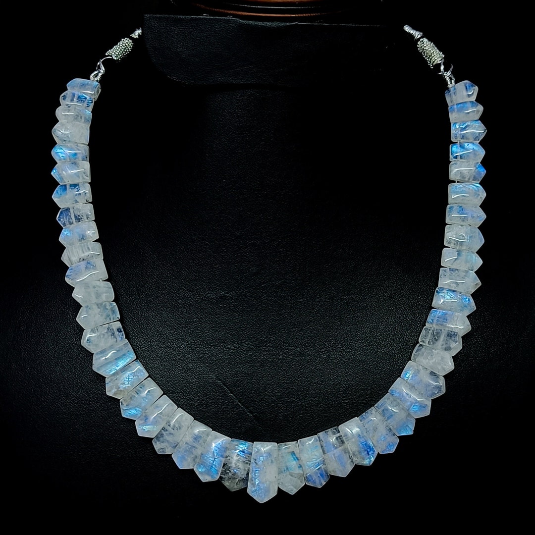 Blue Flash Rainbow Moonstone Beaded Necklace, Natural Shiny Moonstone ...