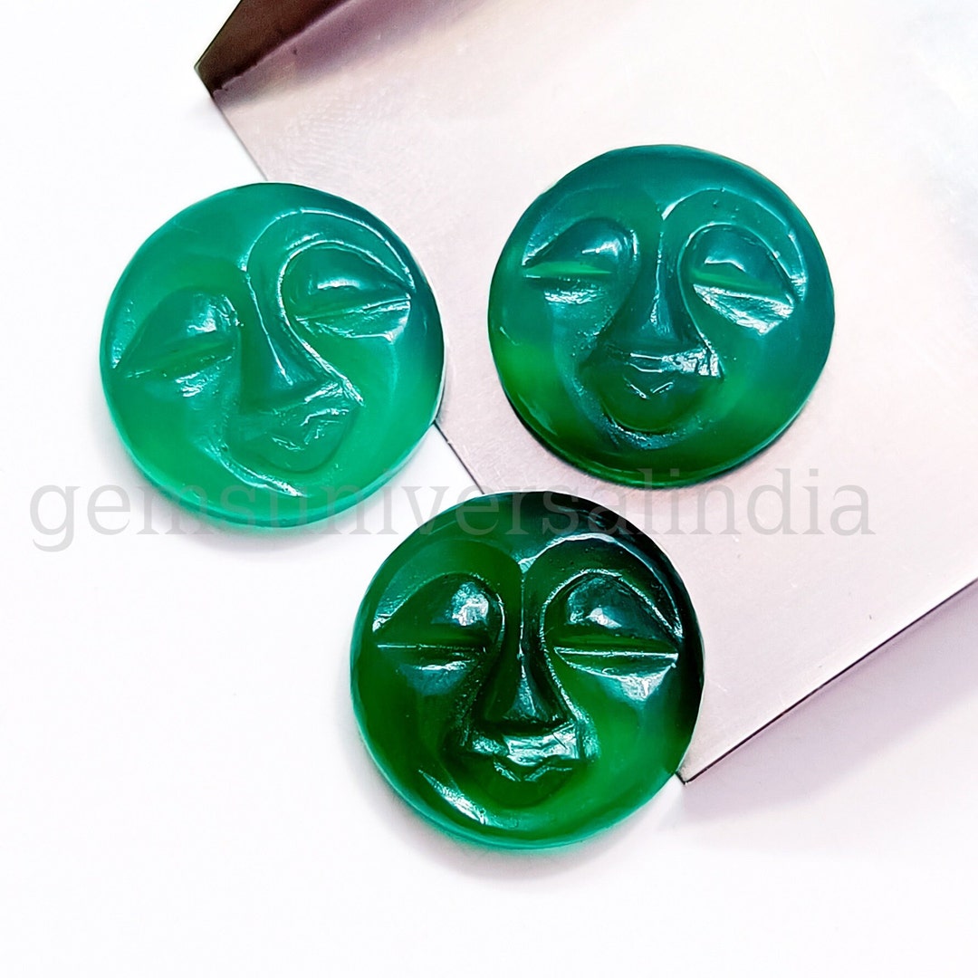 AAAA Green Onyx Face Shape Carved Gemstone, Full Moon Carving Round ...