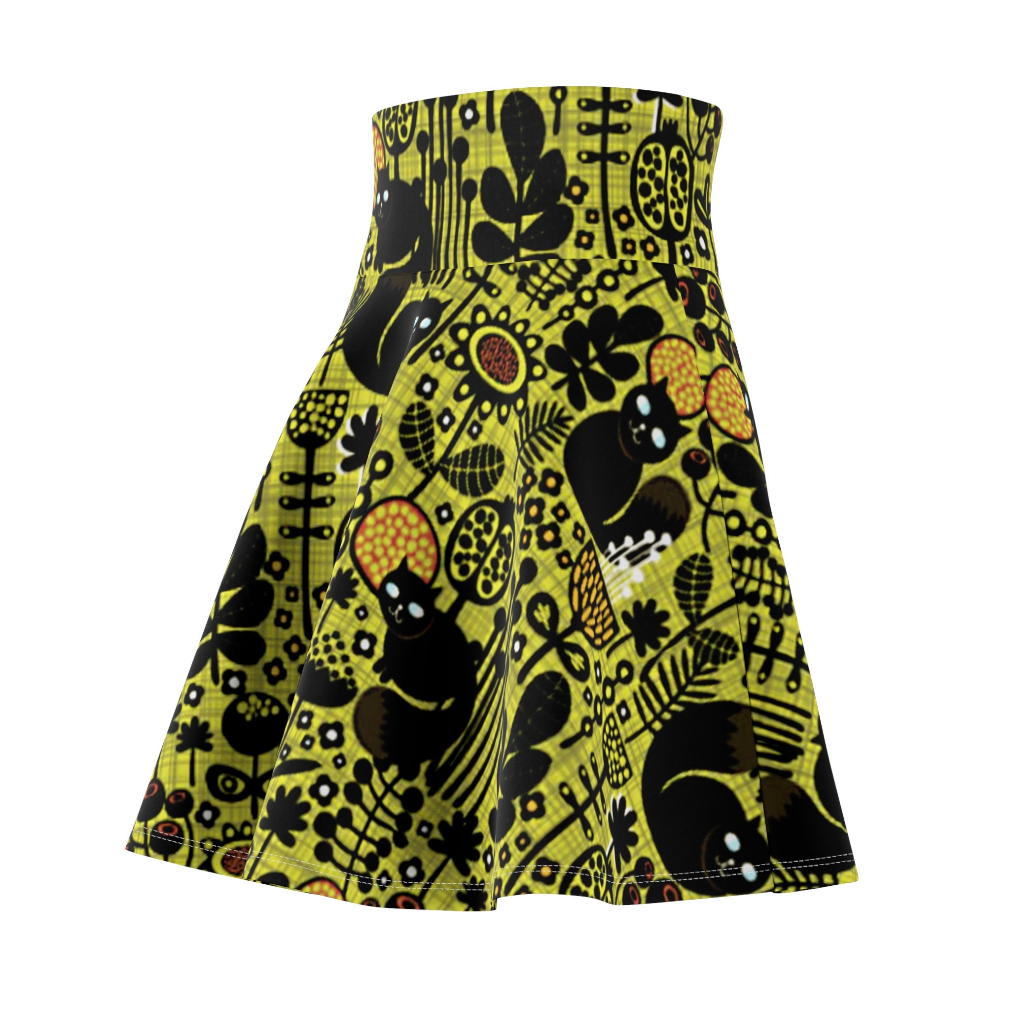 Sage Green and Black Cat Skirt Women's Flattering High-waisted Skirt ...