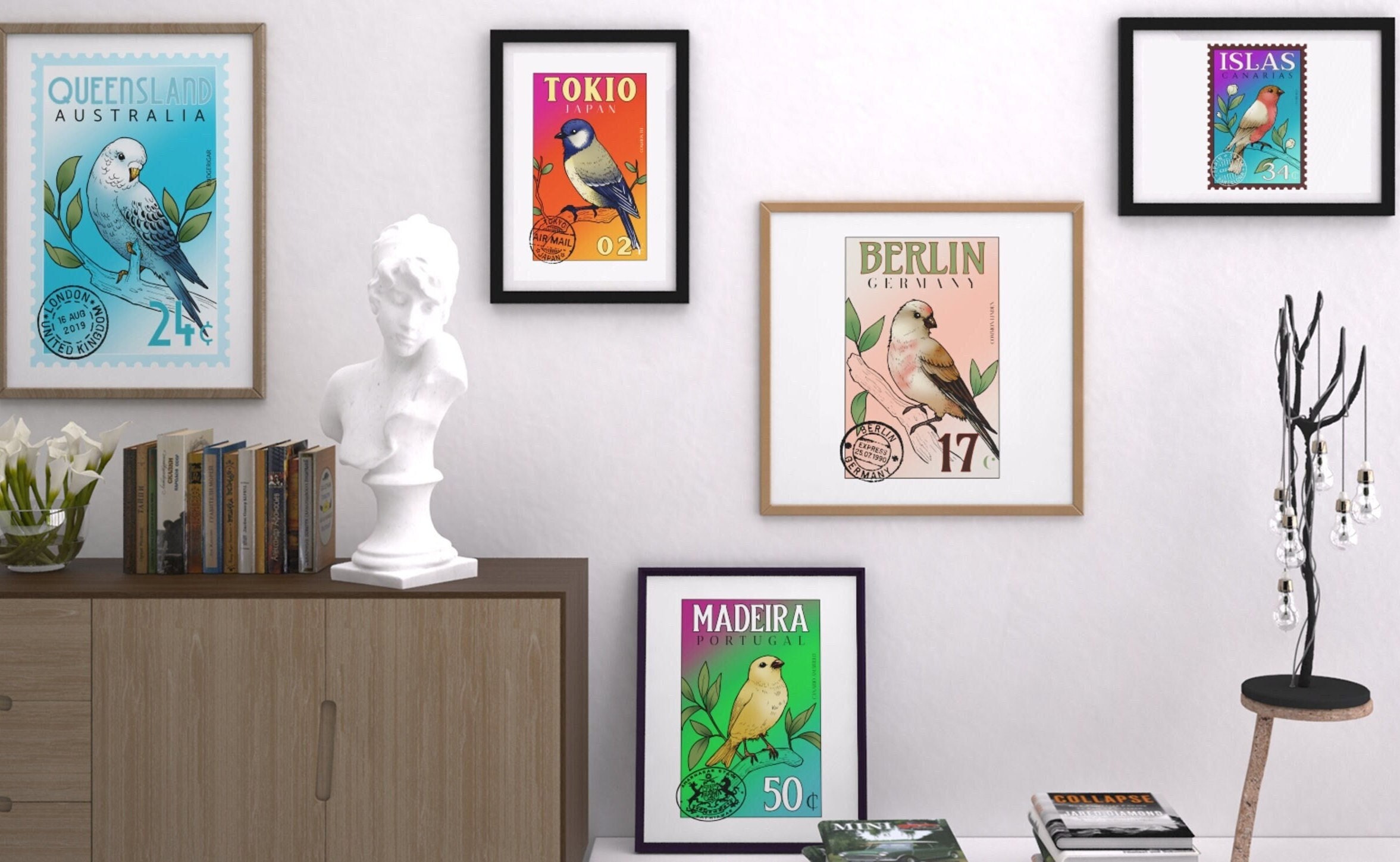 Stamp Collector's Art, Wild Birds of the World Ssamp Wall Art. 5 Stamps ...