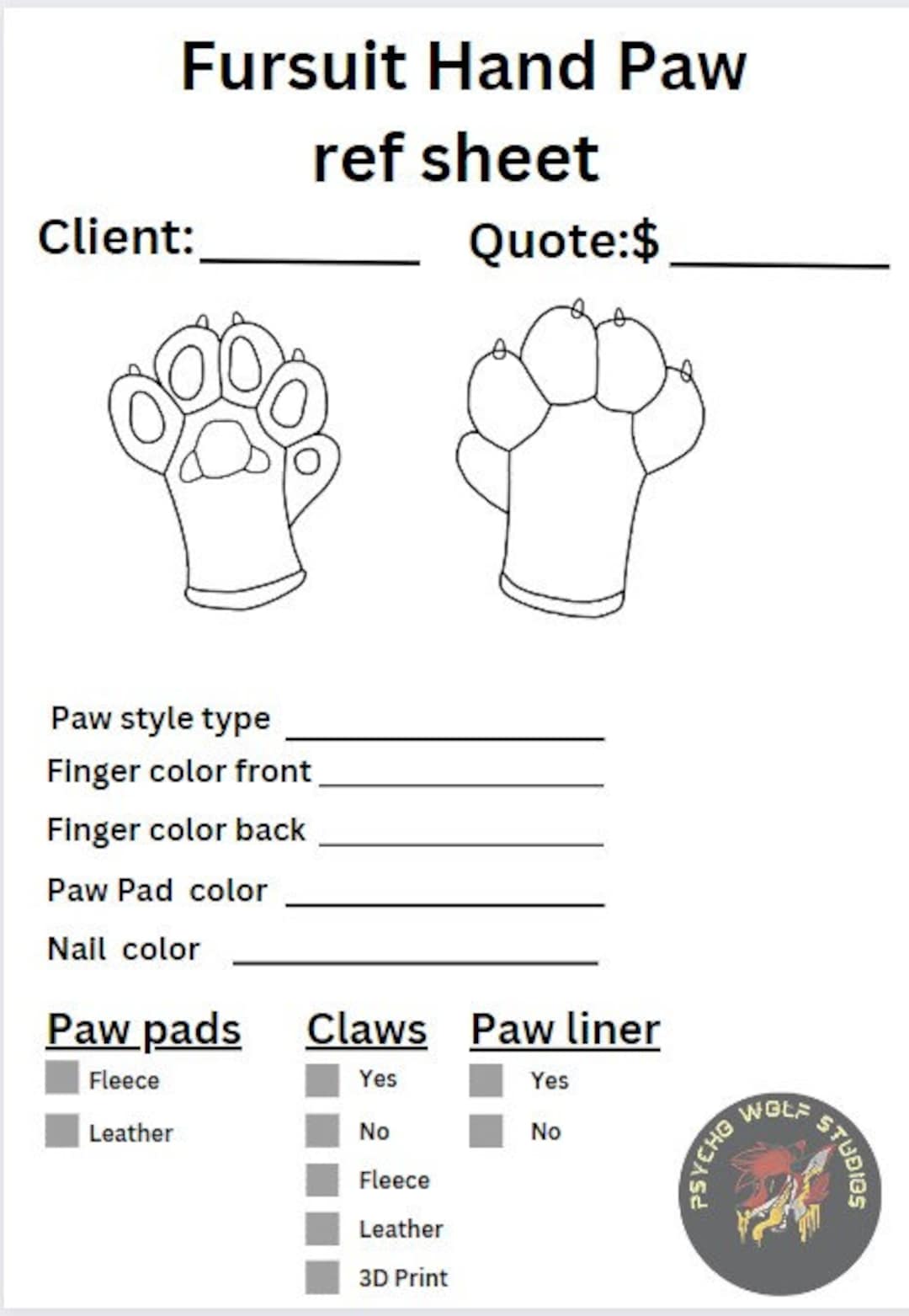 Fursuit Hand Paw Ref Sheet PDF - Etsy