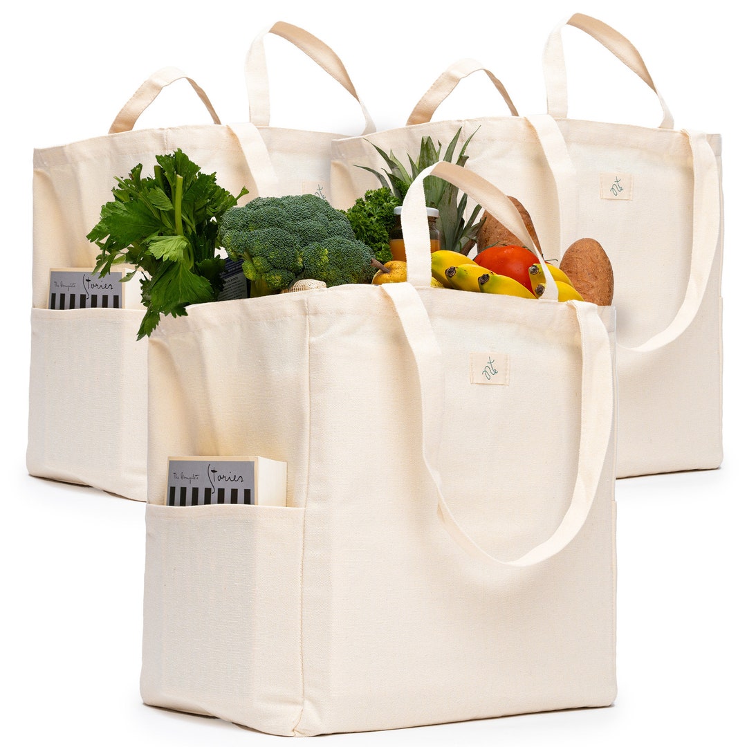 Large Reusable Grocery Bags 100% Cotton 12oz Canvas Grocery Bags With Handles, Grocery Tote Bag ...