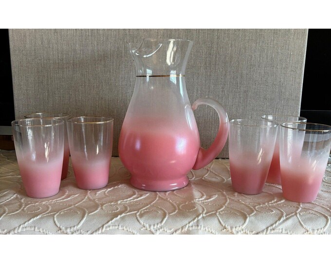 Vintage MCM Blendo 7pc Set Bubblegum Pink Ombre Glass Pitcher 6 Glasses ...