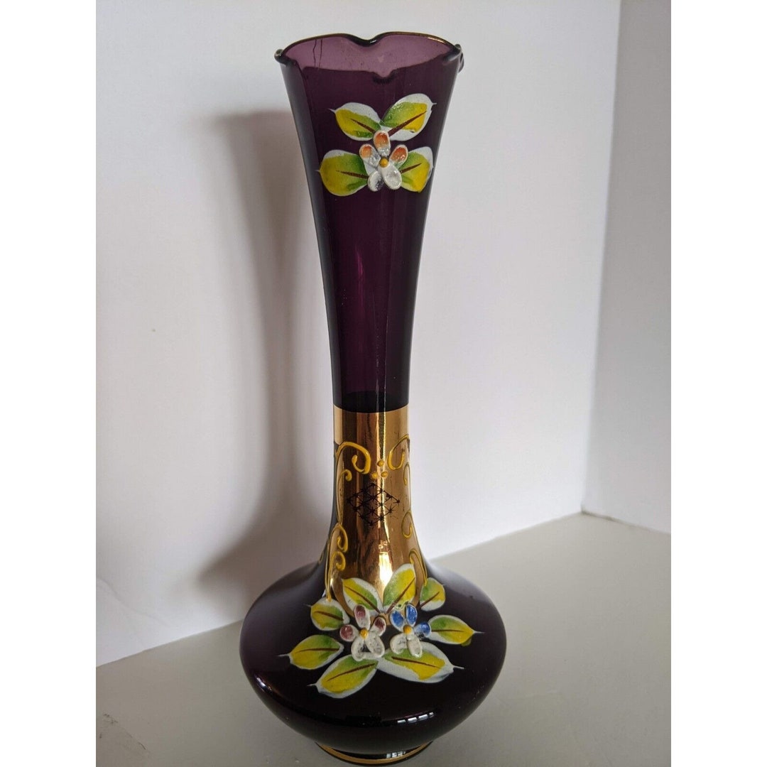 Vintage Amethyst Glass Vase Hand Painted Enamel Flowers Gold Accents ...