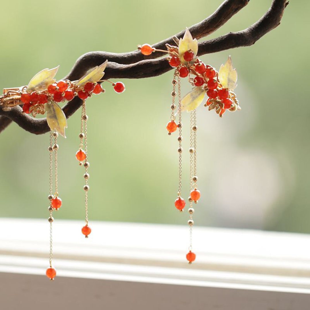 Red Fruit Hairpin, Side Hair Clip, Metal Hair Stick, Tassels Hair Pin ...